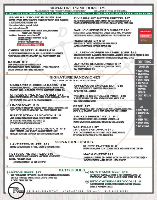 Menu- Burgers, Family Menu, Bar & Fun | Radius - Valpo